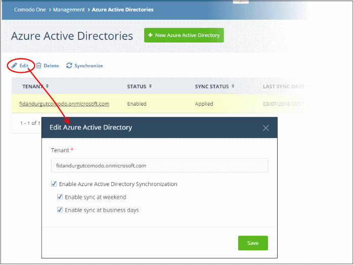 The Azure Active Directories Interface, Azure Active Directory | Comodo One